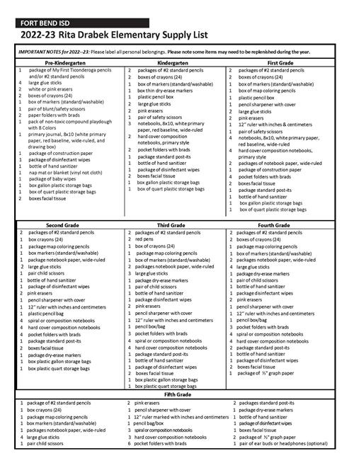 2022 2023 RDE School Supply List